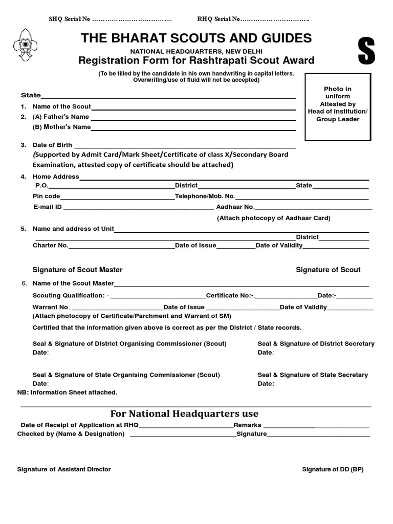 Registration Form and Supporting Documents for the Rashtrapati Scout ...