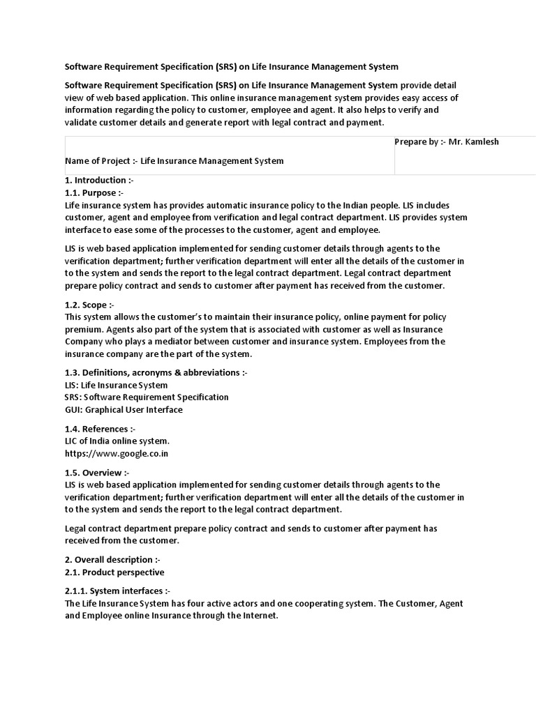 LIC Software Requirement Specification | PDF | Databases | Application Software