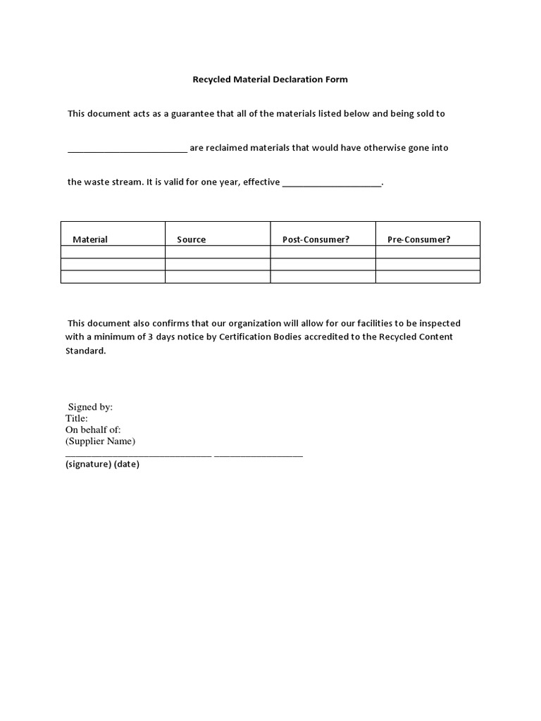 Recycled Material Declaration Form | PDF