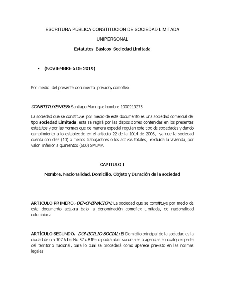 Escritura Publica Constitucion de Sociedad Limitada | PDF | Sociedad de responsabilidad limitada ...