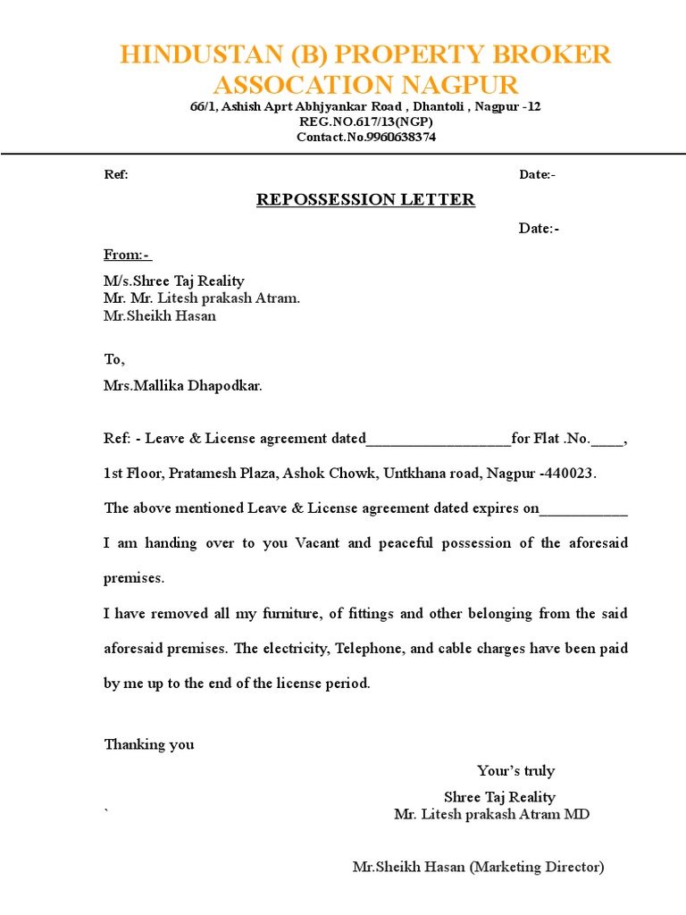 Vehicle Repossession Notice Template | PDF