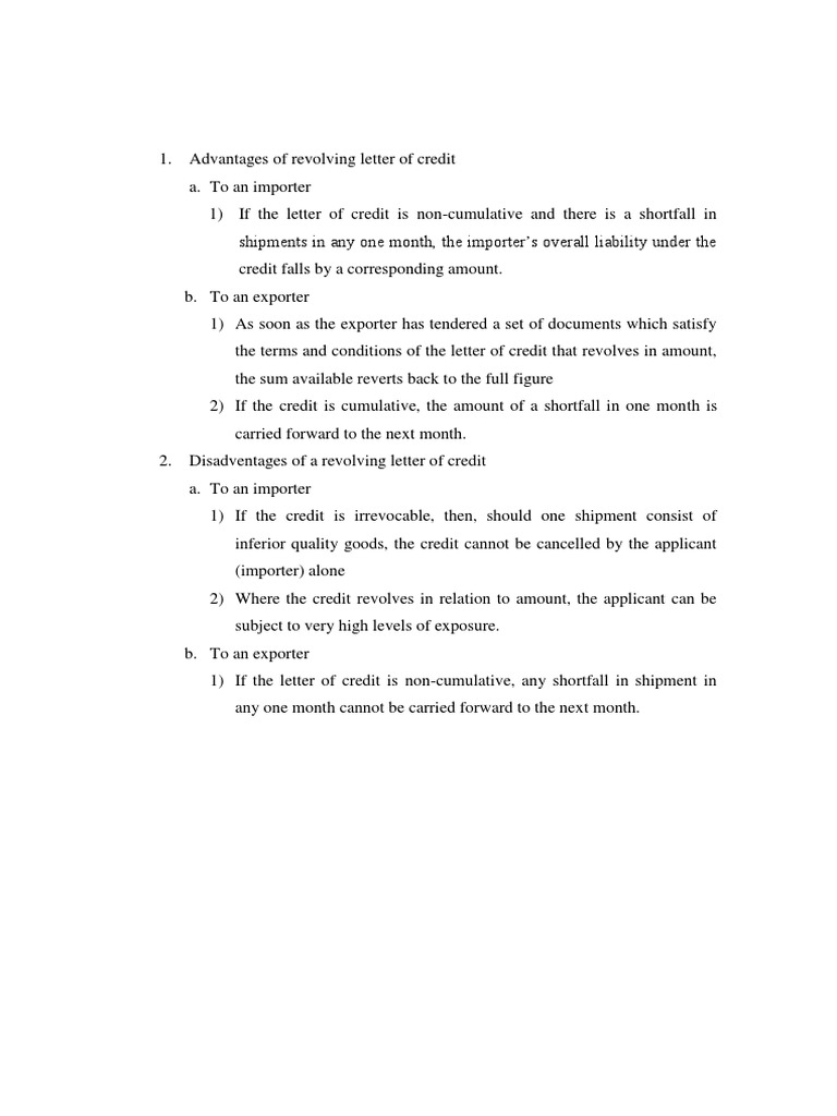 Advantages and Disadvantages of Revolving Letter of Credit | PDF