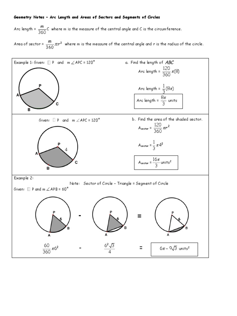 Arc Length and Sector Area Formulas | PDF | Area | Circle