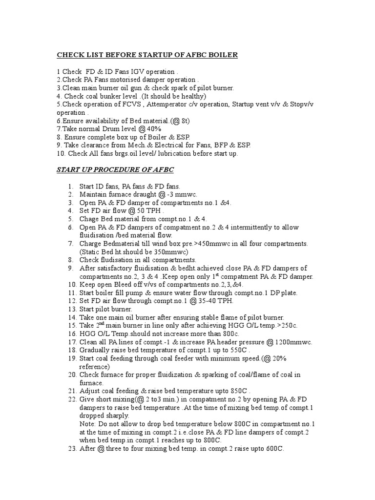 Afbc Boiler Start Up Check List | PDF | Boiler | Heating, Ventilating ...