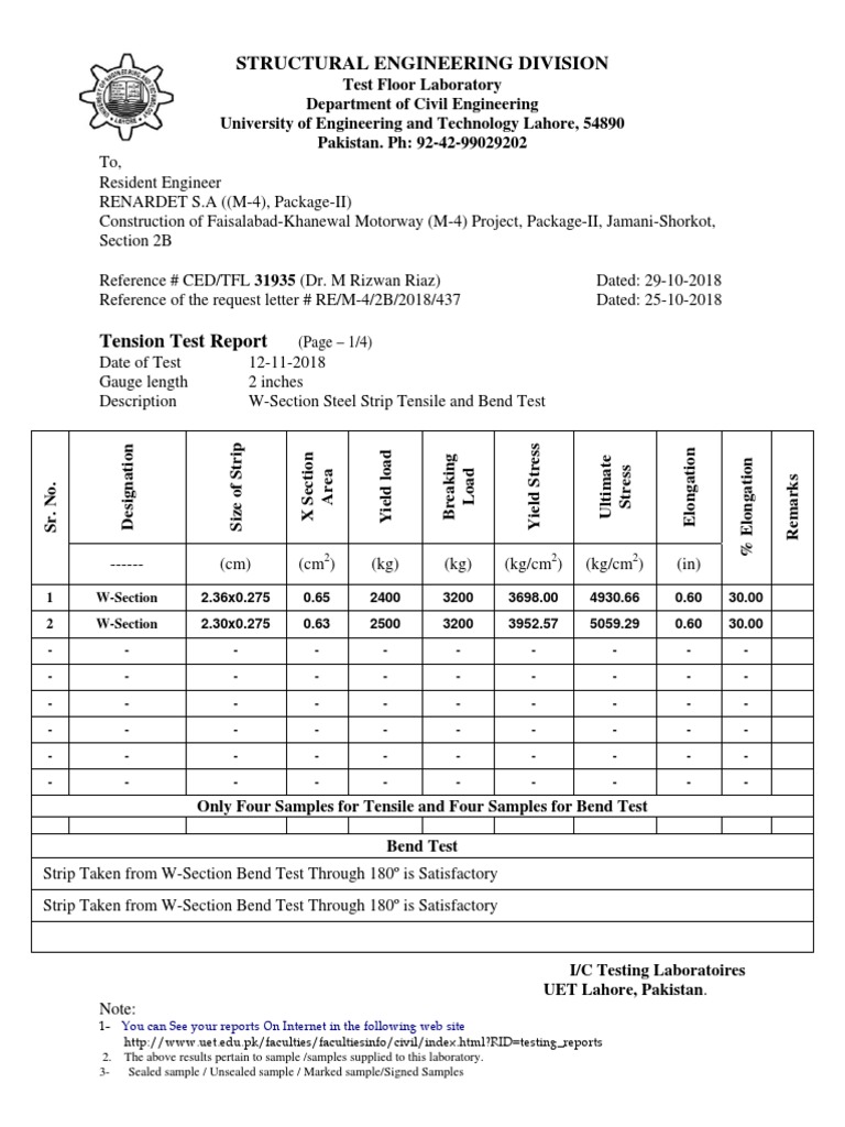 W-Section Steel Strip Tensile and Bend Test Report for the Construction ...