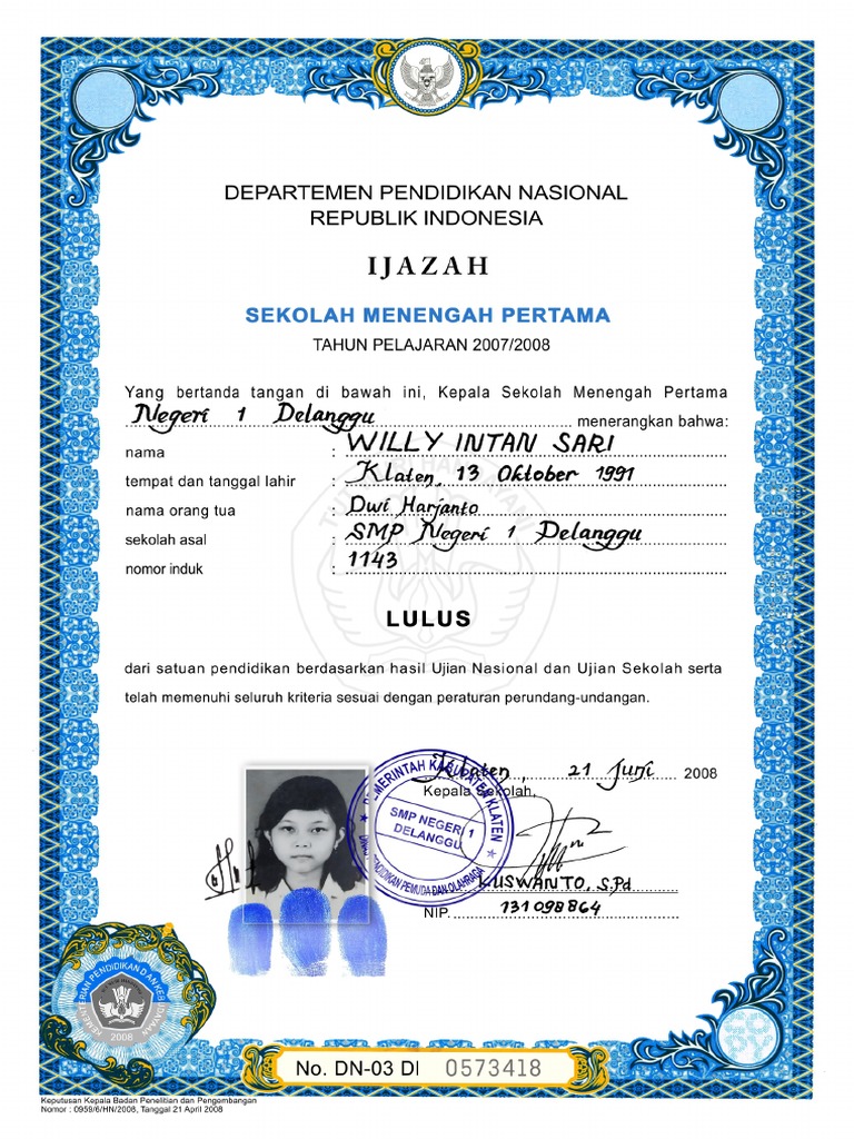 Blangko Ijazah SMP | PDF
