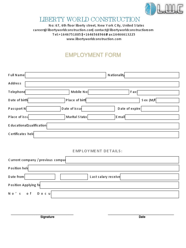 Liberty World Construction: Employment Form | PDF