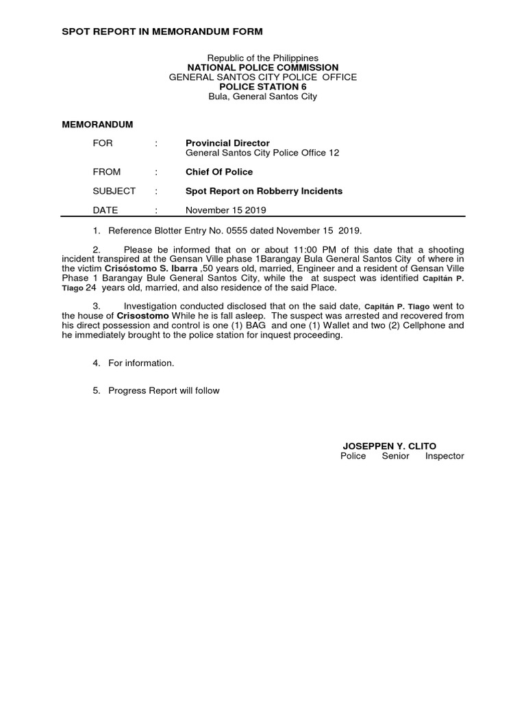 Spot Report in Memorandum Form: National Police Commission Police ...