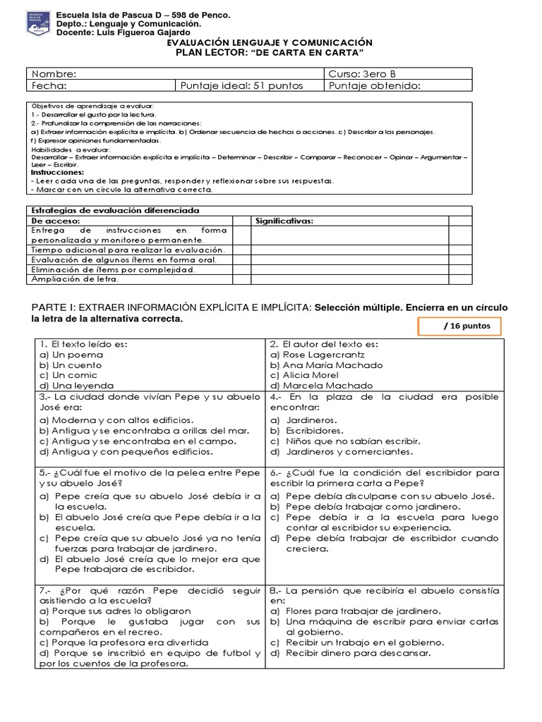 Lenguaje 3ero - Plan Lector, de Carta en Carta | PDF | Cognición | Sicología