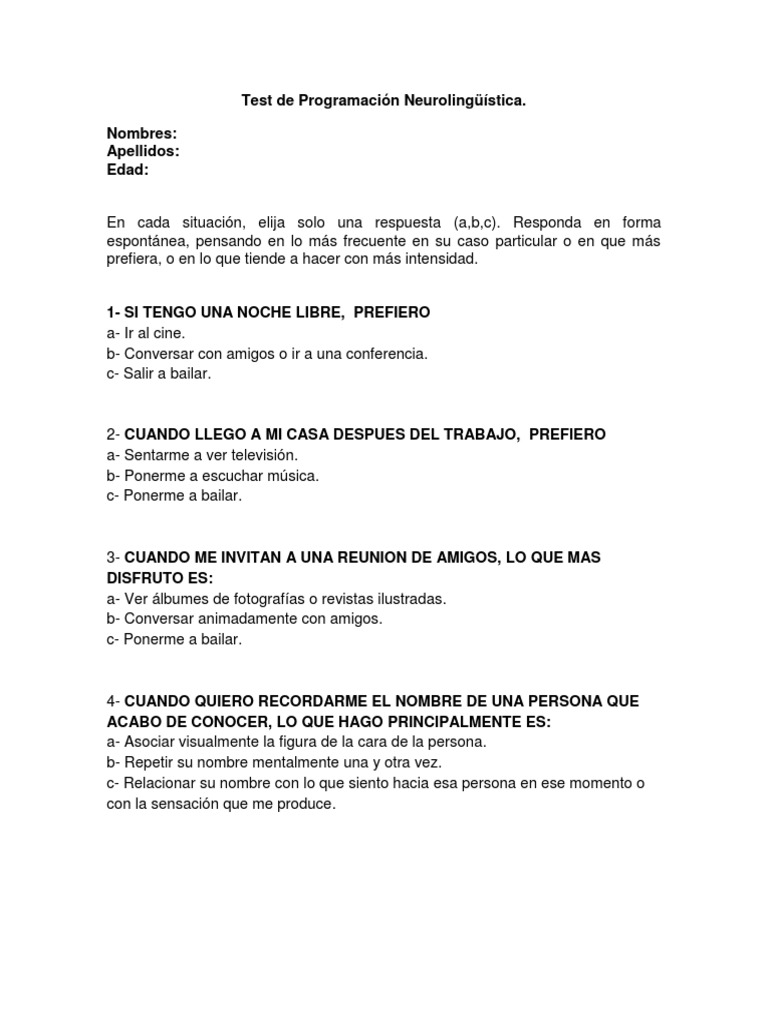 Test de Programación Neurolingüística | PDF | Sicología
