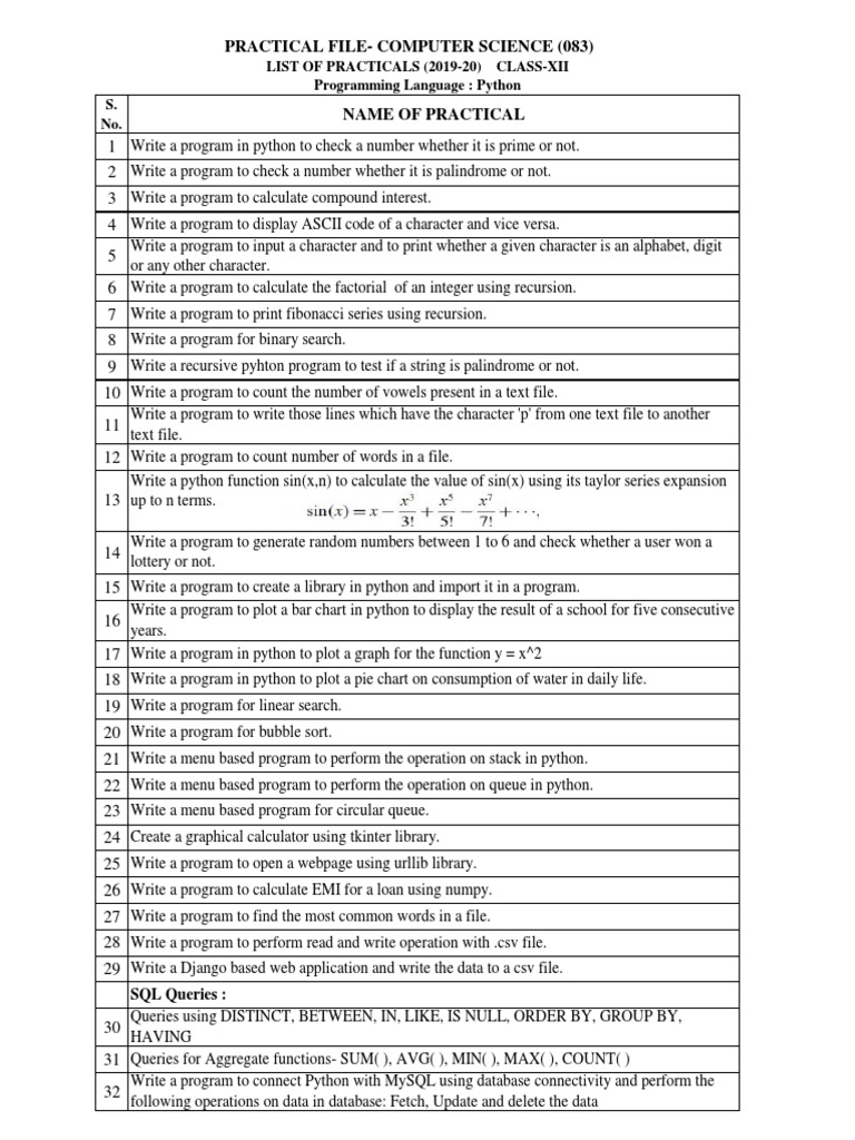 List of Practicals (2019-20) Class-Xii | PDF | Computer Program ...
