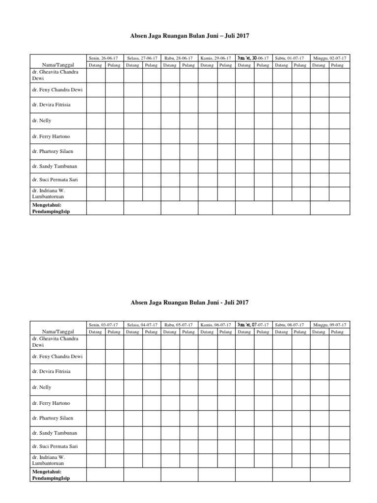 Absen Jaga Ruangan Bulan Juni - Juli | PDF | Gaya Hidup