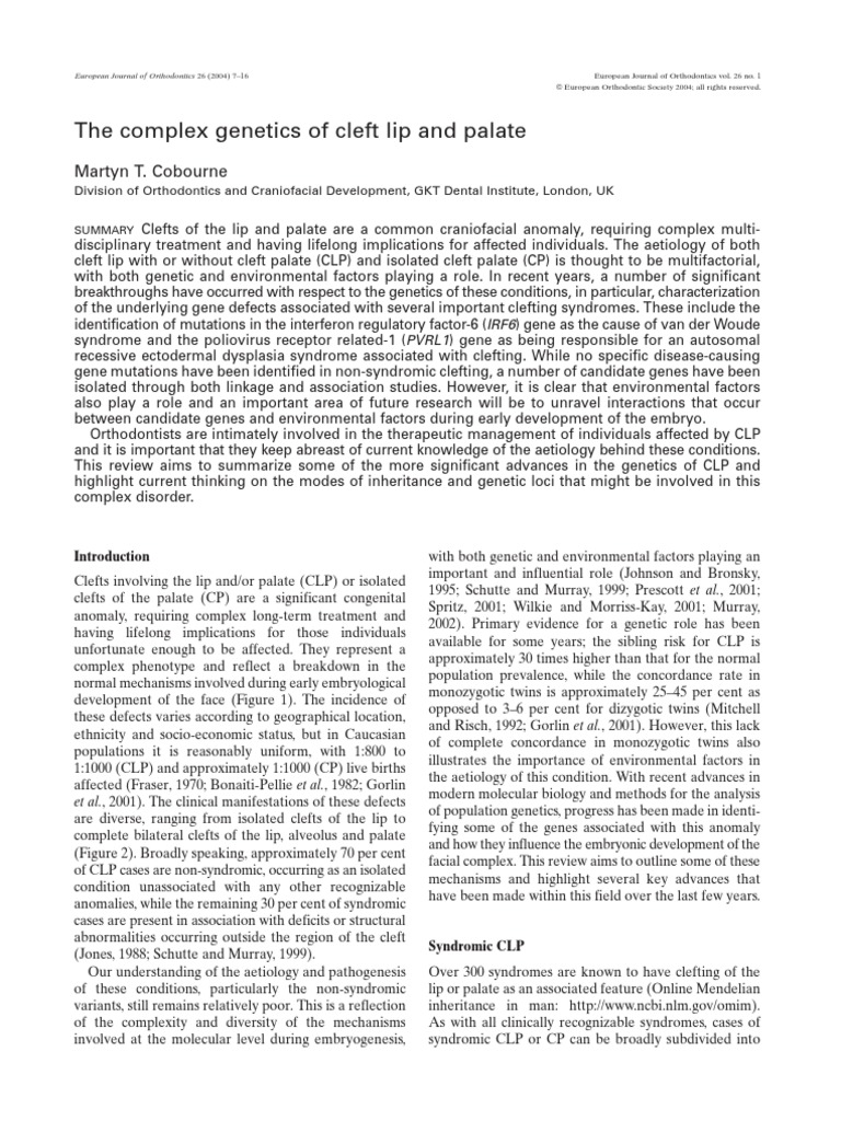 The Complex Genetics of Cleft Lip and Palate: Martyn T. Cobourne | PDF | Genetic Disorder | Gene