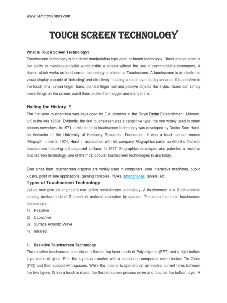 Touch Screen Technology | PDF | Touchscreen | Computer Keyboard