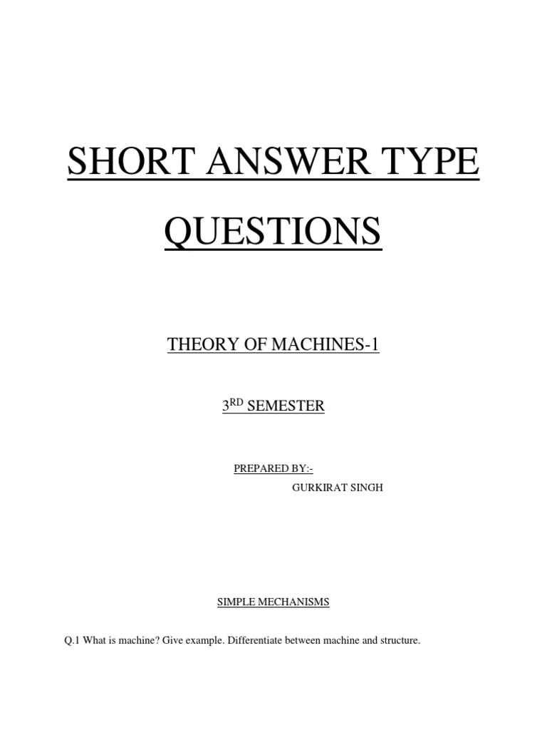 Short Answer Type Questions: Theory of Machines-1 | PDF | Belt ...