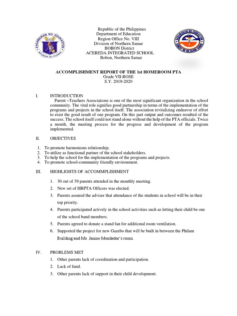 Activity Completion Report First Homeroom Pta Meeting, 48% OFF