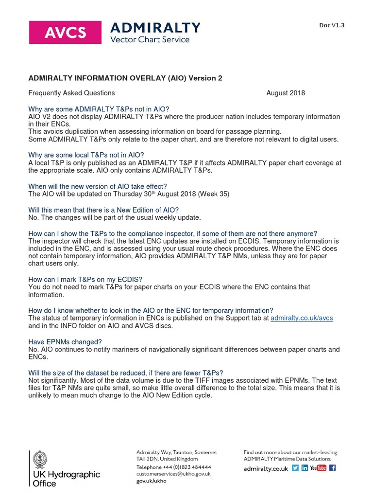 Admiralty Information Overlay (Aio) Version 2: Admiralty - Co.uk/avcs | PDF