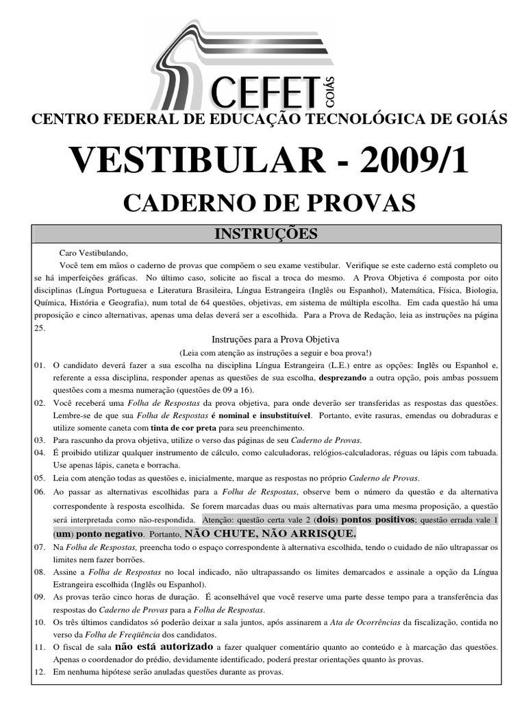 Prova e Gabarito IFG 2009 1 | PDF | Raça (categorização humana) | Humano