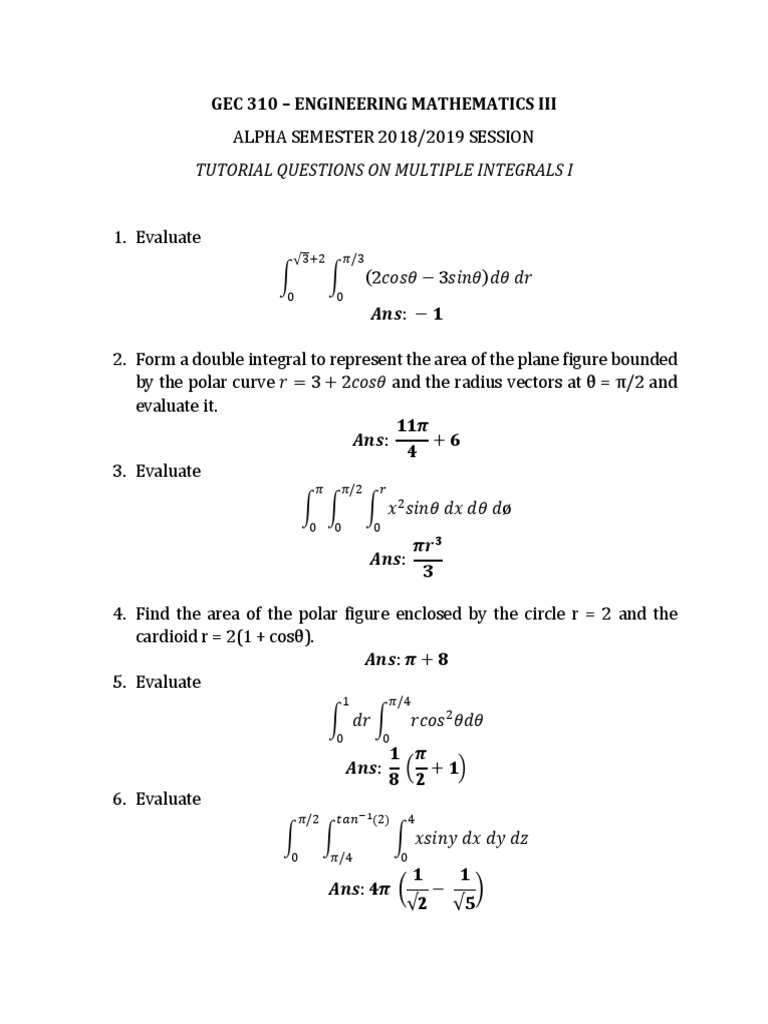 Multiple Integrals Tutorial Questions | PDF | Teaching Methods & Materials