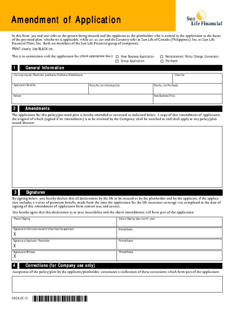 Amendment of Application SunLife | PDF | Insurance | Service Industries