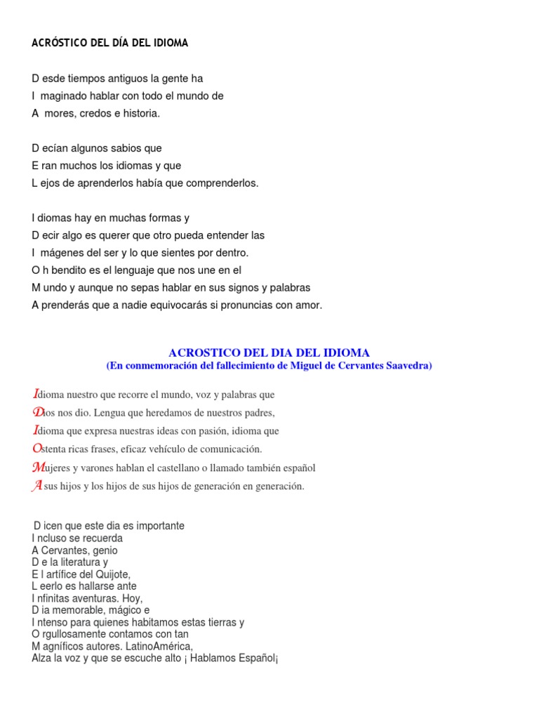 Acróstico Del Día Del Idioma | PDF | Idiomas | Poesía