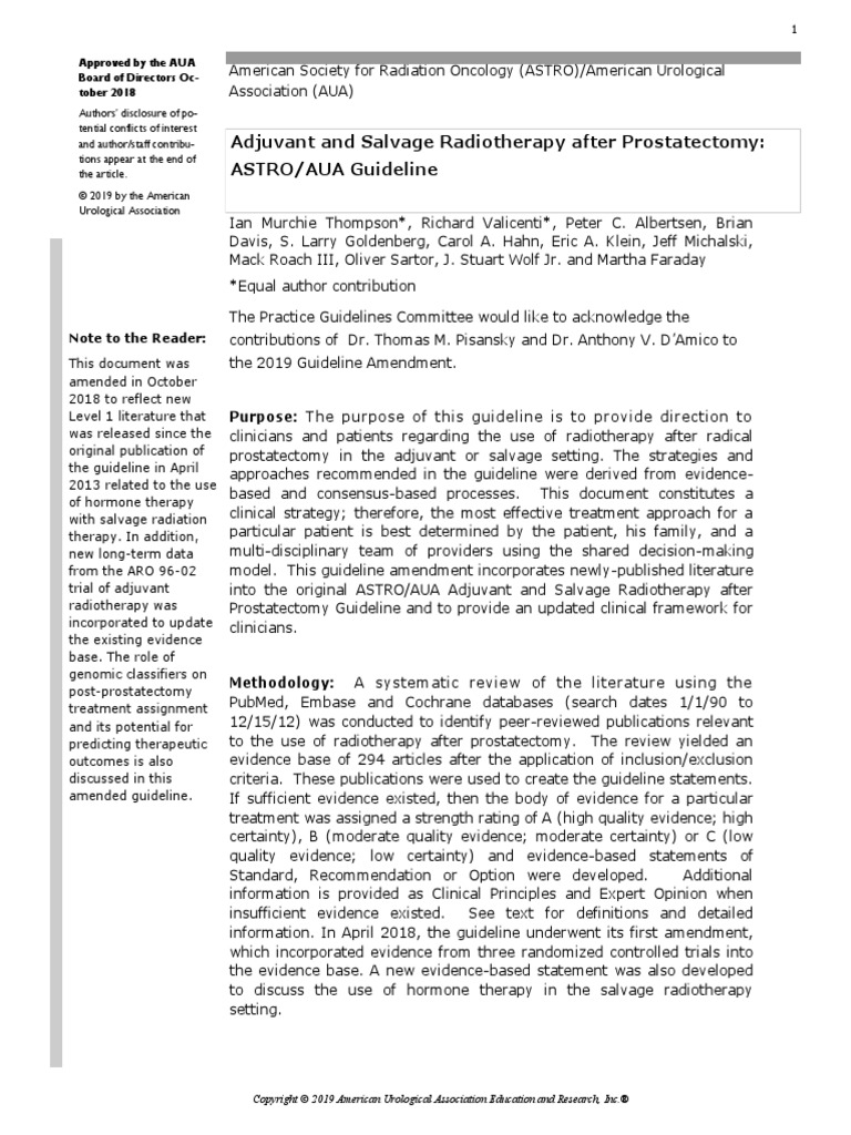 Adjuvant and Salvage Radiotherapy After Prostatectomy: ASTRO/AUA ...