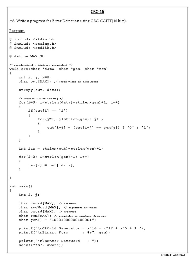 CRC (Dividend, Divisor, Remainder) /: Akshat Agarwal | PDF