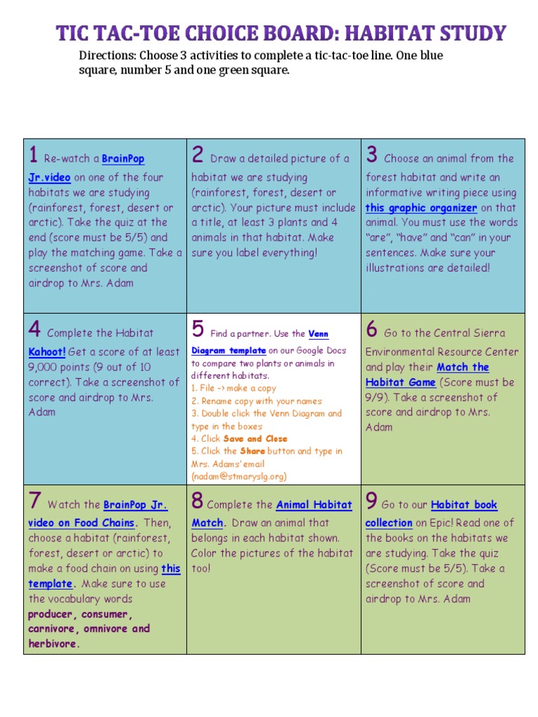 Tic-Tac-Toe Choice Board Habitat Study | PDF | Learning | Communication