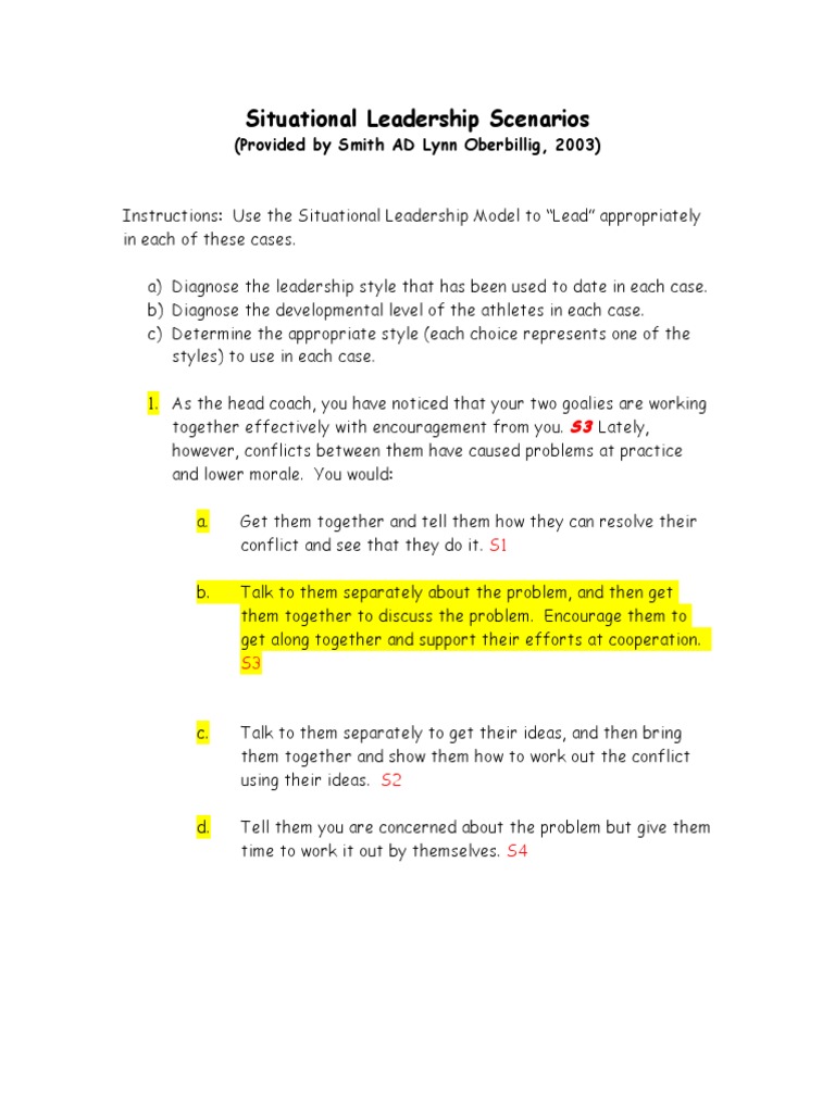 Situational Leadership Scenarios Answers | PDF | Leadership ...