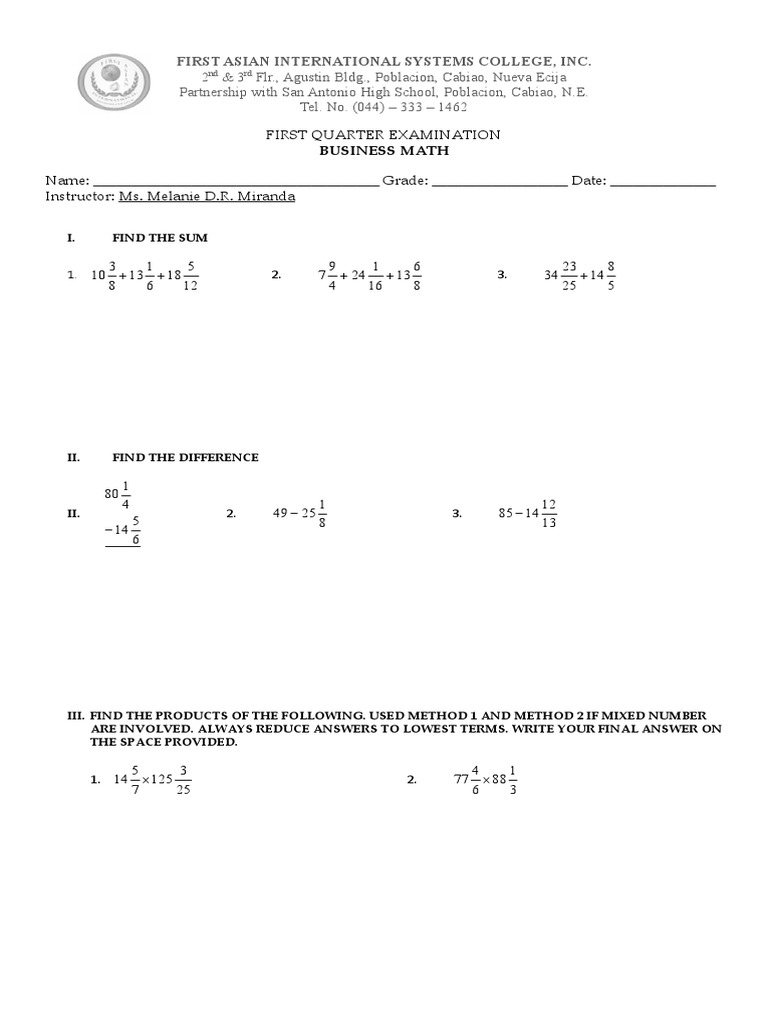 Business Math - 1st Quarter Exam | PDF | Fraction (Mathematics) | Ratio