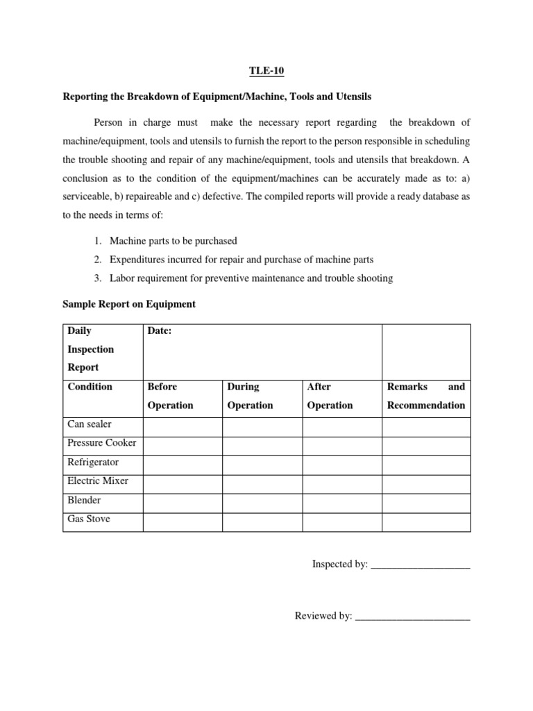 TLE-10 Reporting The Breakdown of Equipment/Machine, Tools and Utensils ...