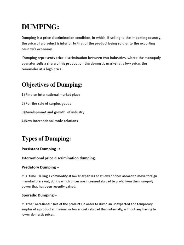 Objectives of Dumping | PDF | Dumping (Pricing Policy) | Monopoly