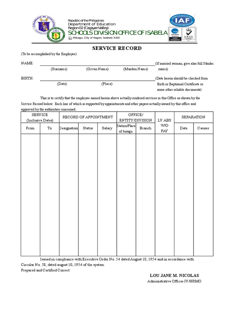 Service Record Form | PDF