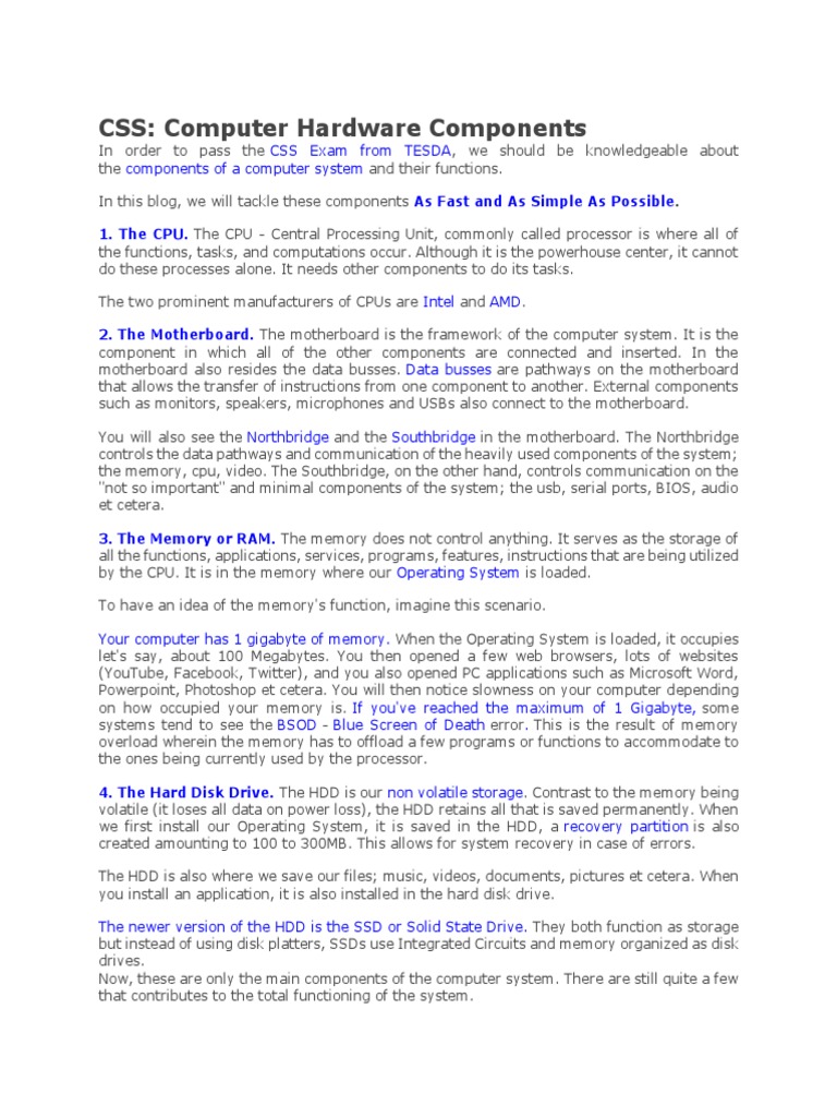 An Overview of Key Computer Hardware Components and Their Functions for ...