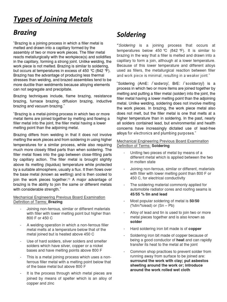 Types of Joining Metals: Brazing Soldering | PDF | Welding | Construction