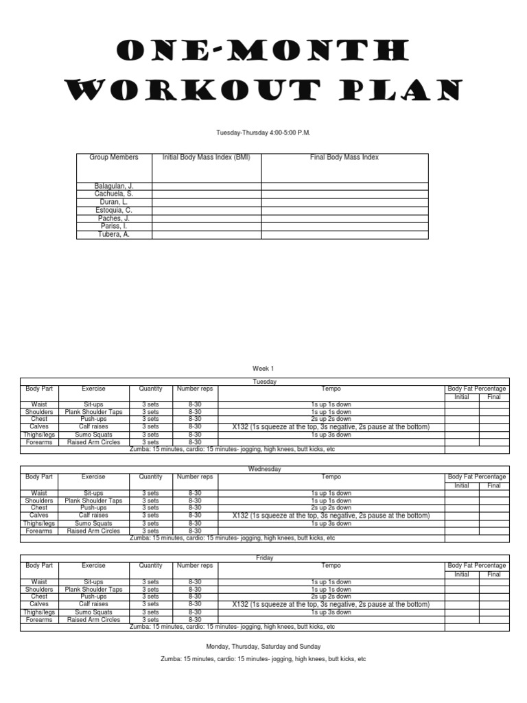 One-Month Workout Plan: Group Members Initial Body Mass Index (BMI ...