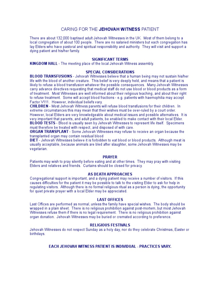 Caring For The Jehovah Witness Patient | PDF | Blood | Blood Transfusion