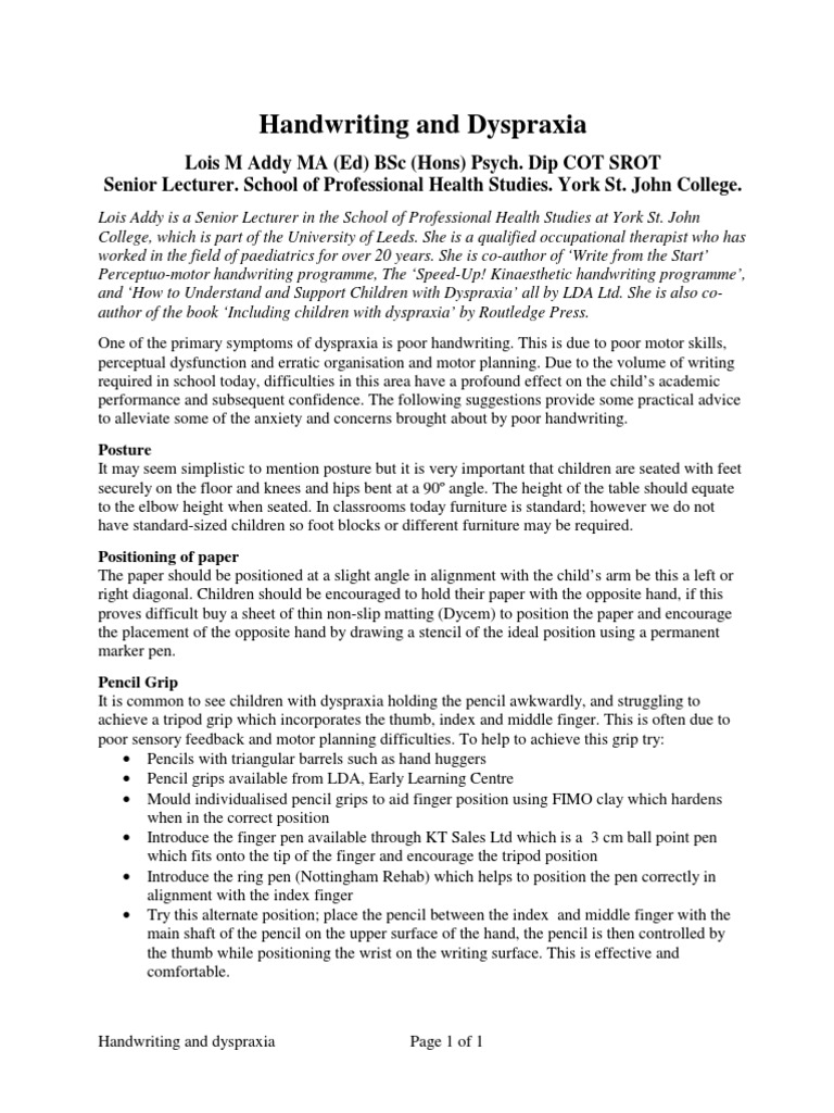 Handwriting and Dyspraxia | PDF | Somatosensory System | Pencil