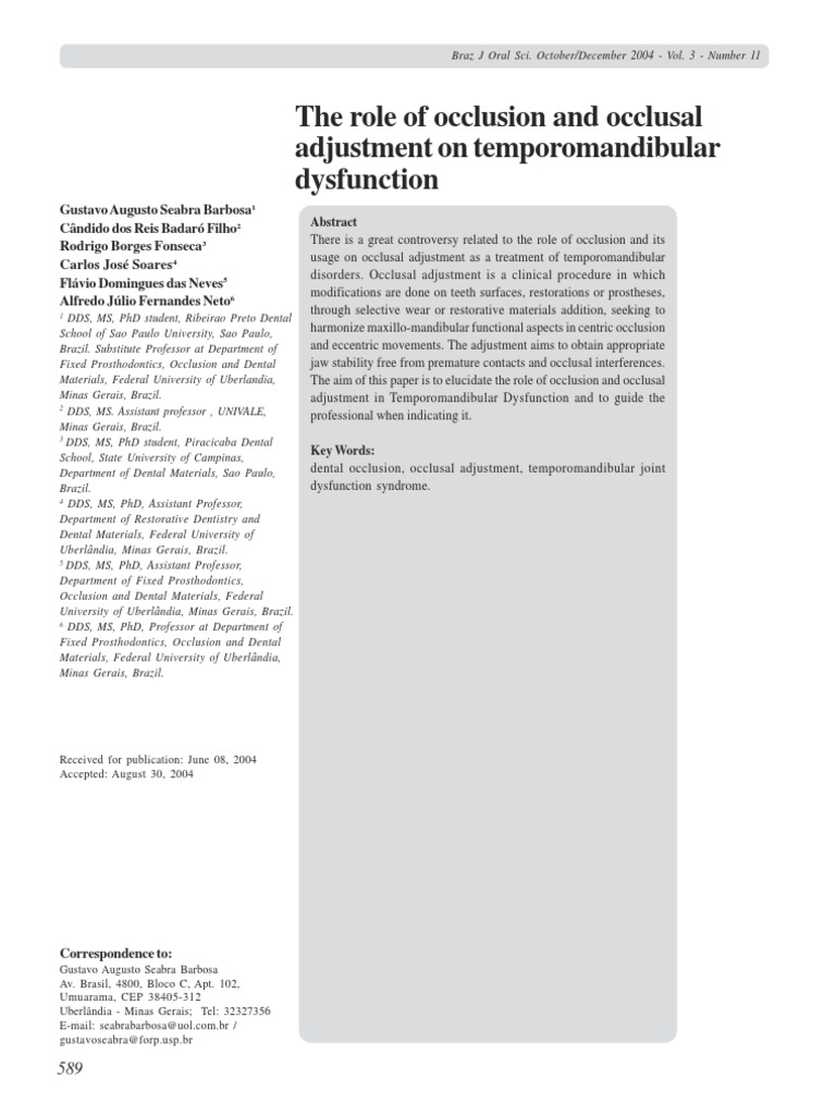 The Role of Occlusion and Occlusal Adjustment On Temporomandibular ...