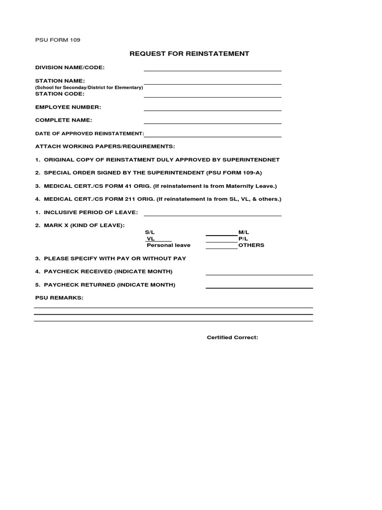 Request For Reinstatement: Psu Form 109 | PDF