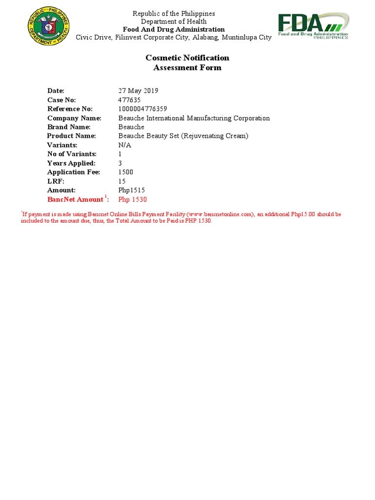 Cosmetic Notification Assessment Form: Food and Drug Administration | PDF