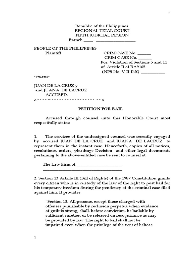 Sample Petition For BAil With Entry of Appeance | PDF | Bail | Burden ...