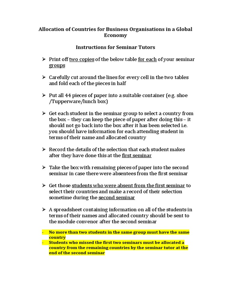 Seminar Country Allocation Guide | PDF