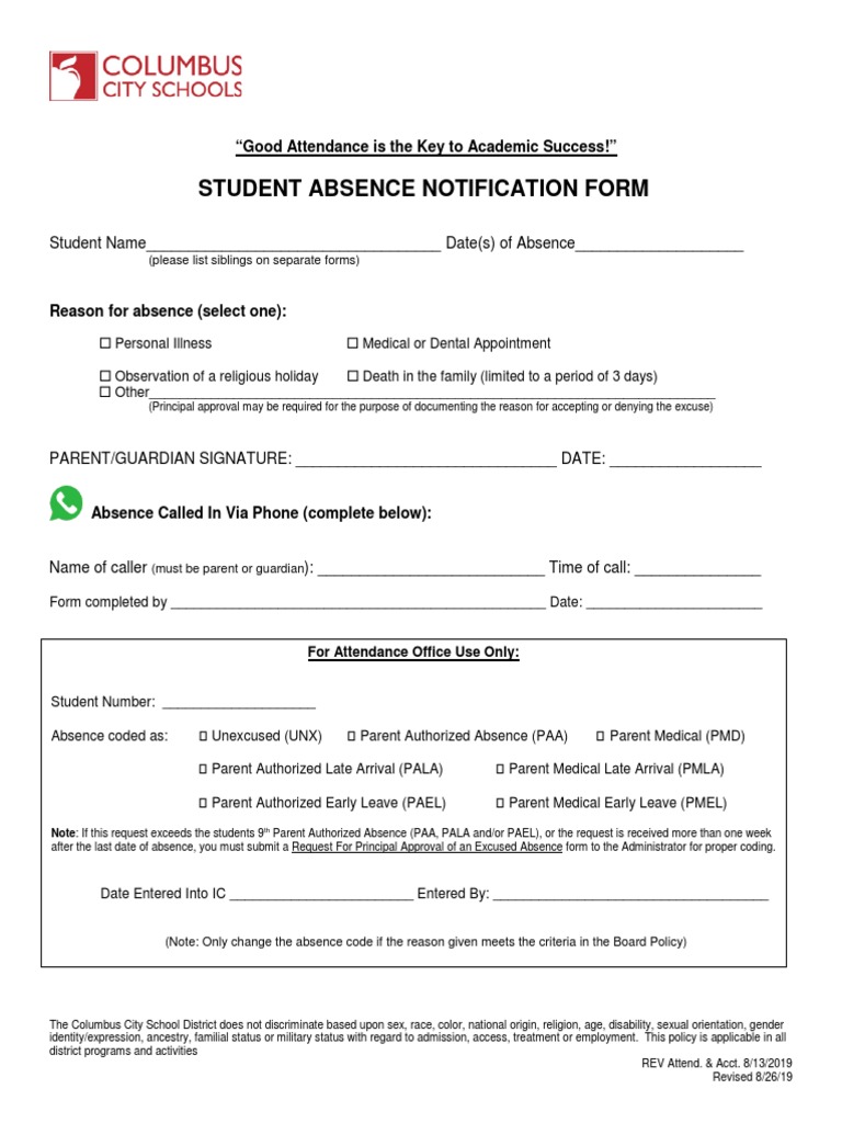 Student Absence Notification Form | PDF | Government And Personhood ...