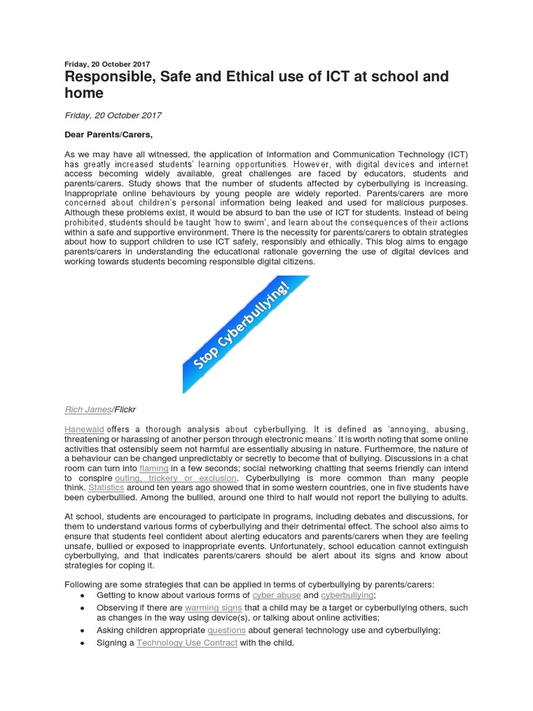 Responsible Safe and Ethical Use of Ict at School and Home - Educ 3628 ...