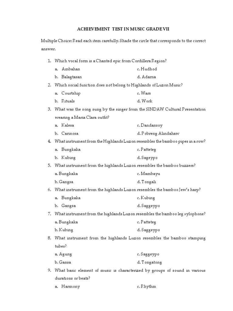 Achievement Test in Music Grade Vii | PDF | The Beatles | Sound