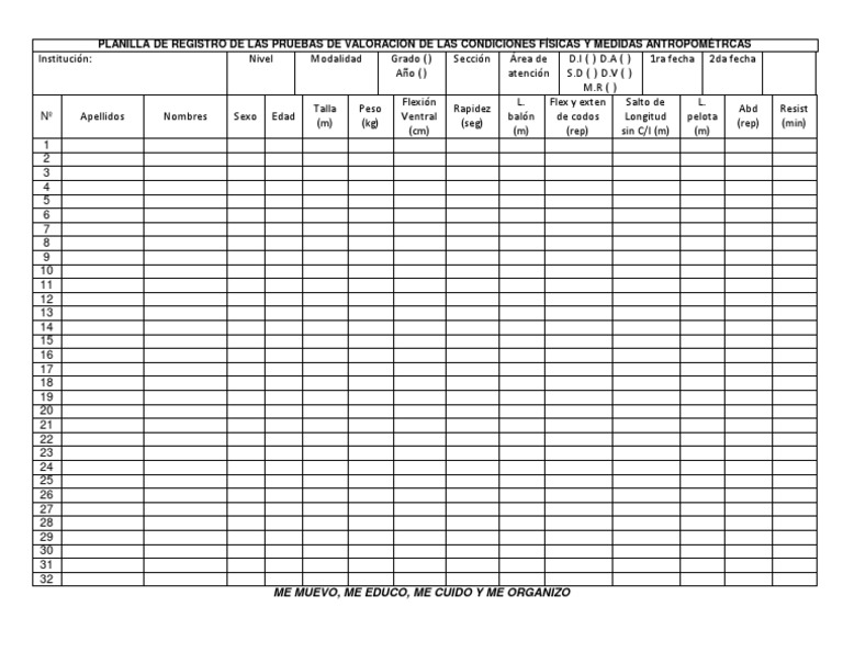 Planilla de Registro de Las Pruebas de Vloracion y Antropometricas | PDF