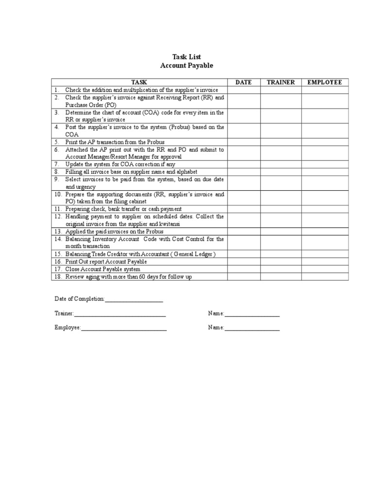 Task List Account Payable: Task Date Trainer Employee | PDF