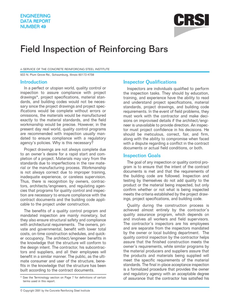 CRSI - Field Inspection of Reinforcing Bars | PDF | Specification ...