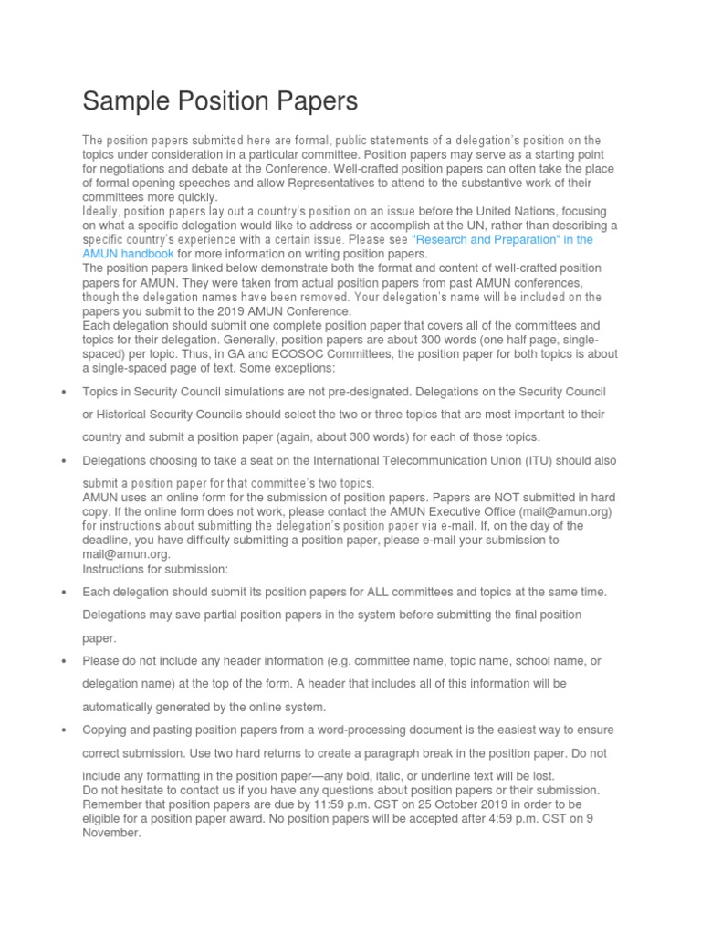 Sample Position Papers: "Research and Preparation" in The AMUN Handbook ...